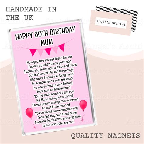 Happy 60th Birthday Mum Keepsake Poem Magnet T