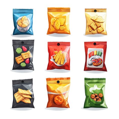 A Variety Of Colorful Snack Packaging Displayed Artfully On A Clean