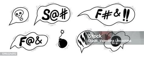 분노한 맹세 단어 기호가있는 연설 거품 낙서 손으로 그린 만화 연설 거품 저주 가운데 손가락 화가 비명을 지르는 얼굴 이모티콘 흰색에 격리된 벡터 일러스트레이션입니다 Wtf