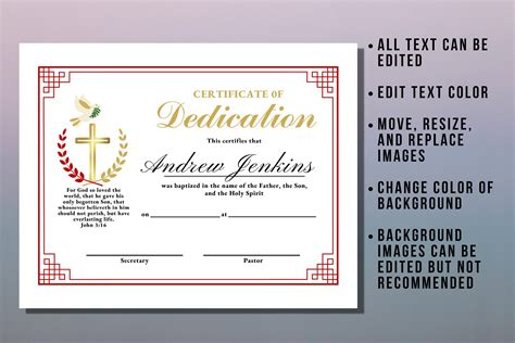 Editable Dedication Baptismal Certificate Template With Sample Wording