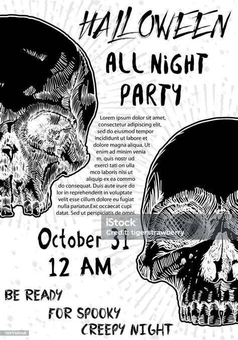 할로윈 의상 파티 초대장 및 인사말 카드 전단지 배너 포스터 템플릿 손으로 그린된 두개골 및 뼈 요소와 필기 잉크 글자 많은 텍스트를 위한 공간입니다 벡터입니다 10월에