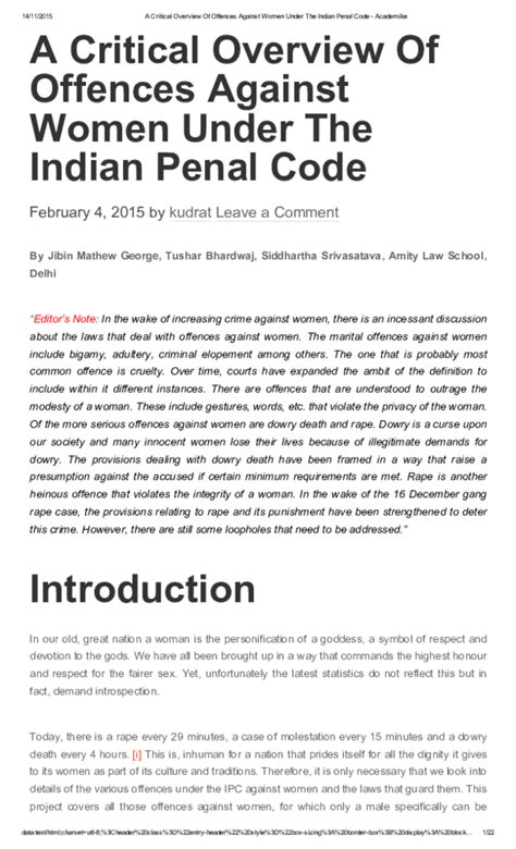Pdf A Critical Overview Of Offences Against Women Under The Indian