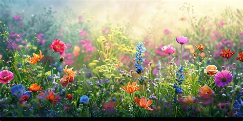 밝은 푸른 하늘 배경으로 아름다운 다채로운 꽃의 활기 넘치는 들판 화려한 꽃 꽃밭 파란 하늘 배경 일러스트 및 사진 무료 다운로드 Pngtree
