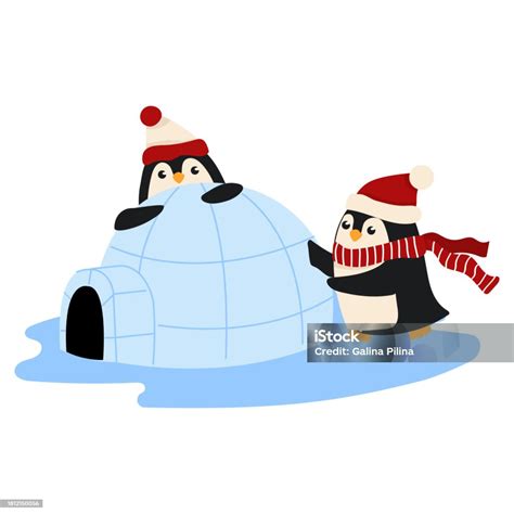 Two Cute Cartoon Style Penguins Making An Igloo From Snow Stock