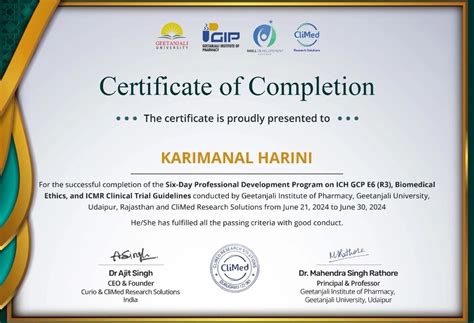 Completed Six Day Course On Ich Gcp E6 Guidelines Drharini Karimanal