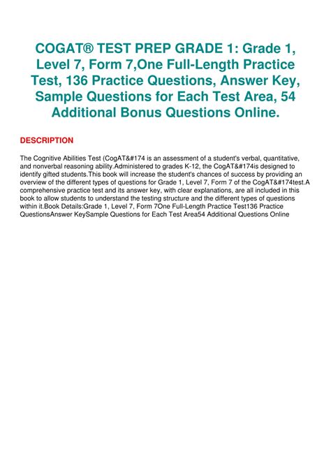 Ppt Pdf Cogat® Test Prep Grade 1 Grade 1 Level 7 Form 7one Full