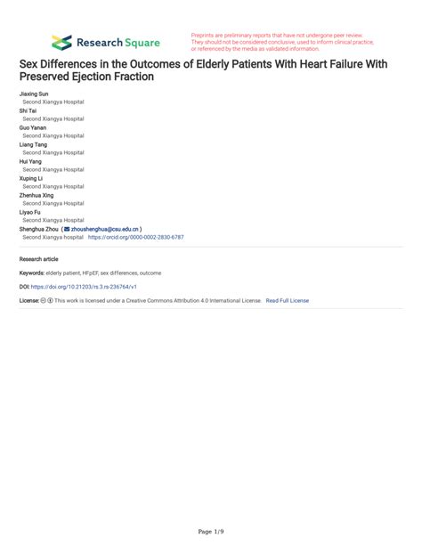 Pdf Sex Differences In The Outcomes Of Elderly Patients With Heart