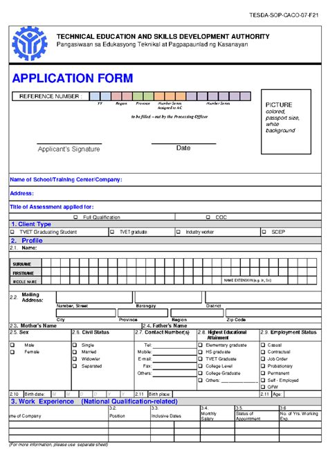 Revised Application Form Tesda Sop Caco 07 F Technical Education
