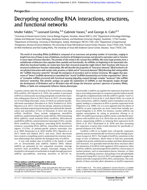 Pdf Decrypting Noncoding Rna Interactions Structures And Functional