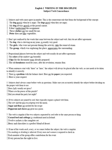 Subject Verb Concordance Handout Pdf Grammatical Number Subject