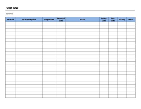 √ Printable Issue Management Log Template