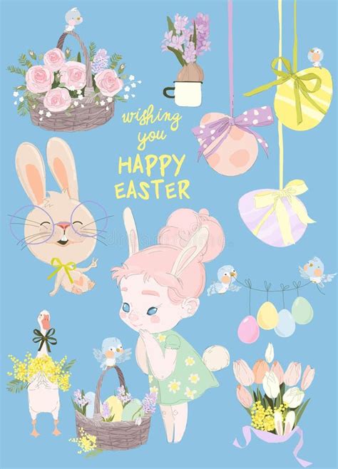 Happy Easter Set With Cute Girl Bunny And Easter Elements Stock Illustration Illustration Of
