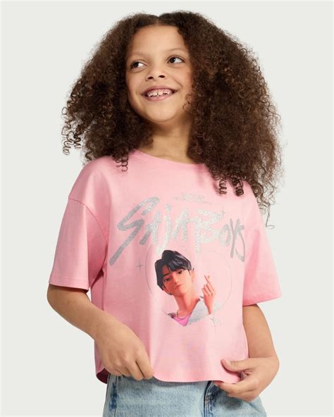 K Pop Demon Hunters Pure Cotton Saja Boys Print Cropped T Shirt In Pink