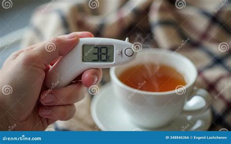 Fever Measurement With Thermometer And Hot Tea In Comfortable Setting