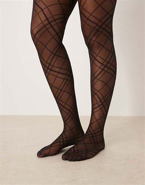 Asos Design Curve Super Stretch Argyle Check Pattern Tights In Black Asos