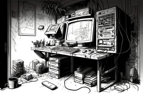 Basement Sketch With Hacker Setup And Various Computer Parts Stock Illustration Illustration