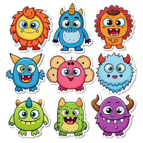 A Collection Of Nine Vibrant Friendly Cartoon Monster Stickers