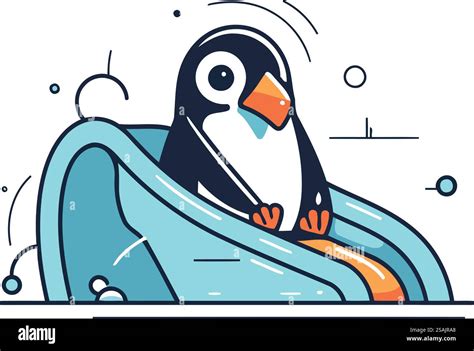 Cute Penguin In A Bath Vector Illustration In Flat Linear Style Stock