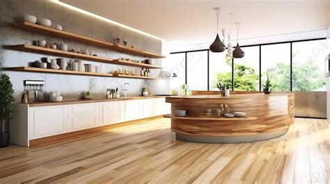 제품 디스플레이를 위한 목재 조리대를 갖춘 현대적인 대형 주방의 3d 그림 현대적 배경 제품 디스플레이 배경 고급 주방 배경 이미지 Hd 현대적 제품 디스플레이