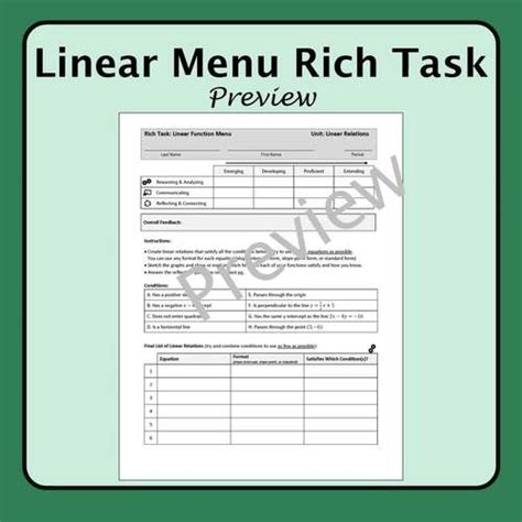 linear functions math menu task creativity and critical thinking by