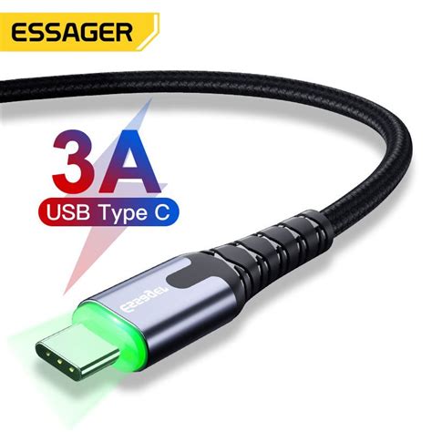 Essager 3A Usb To Type C Fast Charging Data Cable With LED Light Usb To Usb C Data Cable For