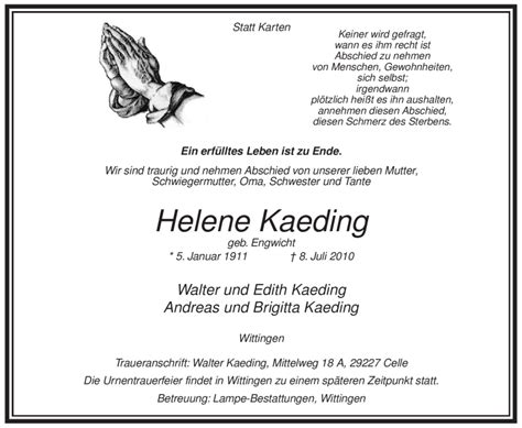 Traueranzeigen Von Helene Kaeding Az Trauer De