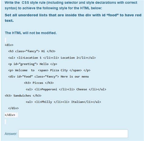 solved write the css style rule including selector and