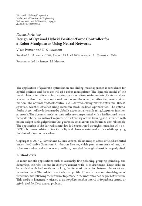 pdf design of optimal hybrid position force controller for a robot