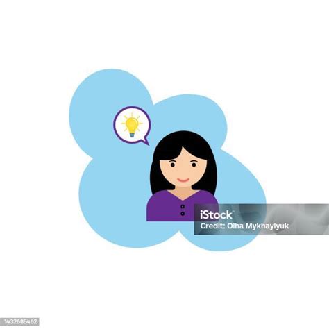 그녀의 머리 위에 전구를 가진 아이디어를 가진 젊은 소녀 또는 여자를 웃고 현대 컨셉 Eps 10의 벡터 만화 일러스트 레이 션