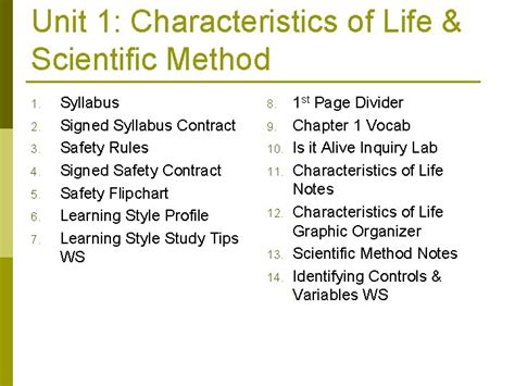 Unit 1 Characteristics Of Life Scientific Method 1