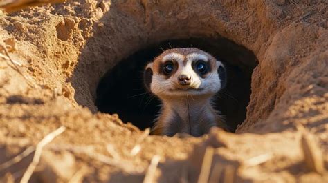 Curious Meerkat Peeking Out Of Burrow Adorable Wildlife Photo Premium