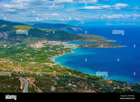 Panorama View Of Palaia Epidavros And Surrounding Coastline In Greece