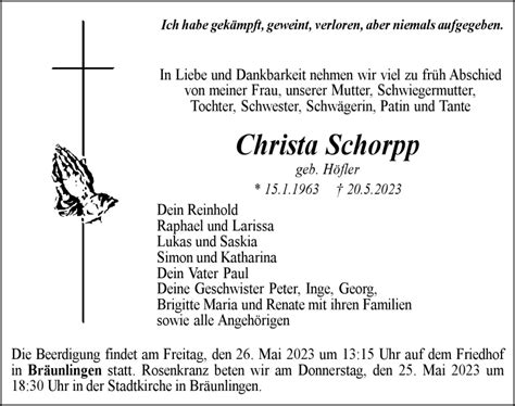 Traueranzeigen Von Christa Schorpp Schwarzwälder Bote Trauer