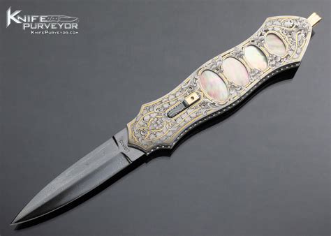 Jerry Corbit Custom Knife Chris Meyer Engraved Black Lip Pearl Interframe Blued Damascus