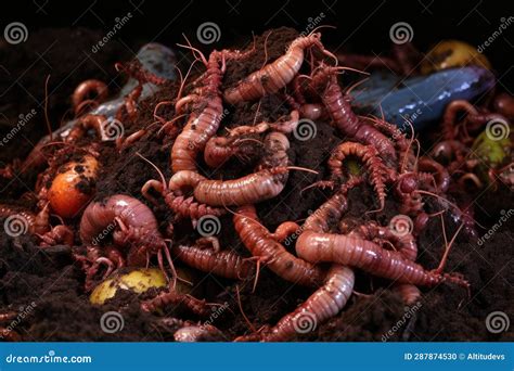 Close Up Of Worms In Compost Pile Decomposing Organic Matter Stock