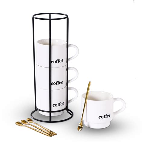 Lareina Stackable Porcelain Coffee Mug Set With Stand Rack Spoons 15oz Cappuccino Cup Set Of 4