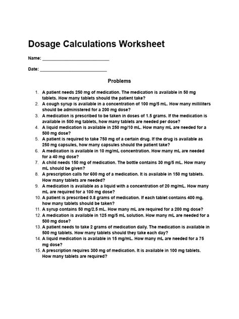 Dosage Calculations Worksheet Pdf