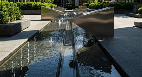 Modern Outdoor Fountain With Angular Metallic Structures Along A