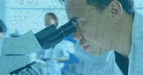 Scientist Examining Microscope And Chemical Formulas Visualized Free