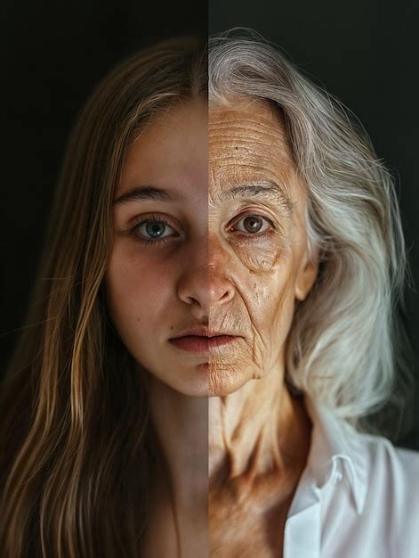 Split Face A Womans Face Showcasing Her Youthful And Aging Phases A Young Womans Face Next To An
