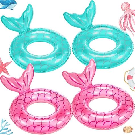 Neer 4 Pcs Mermaid Pool Float Inflatable Swimming Ring