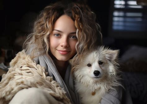 Premium Ai Image Young Beautiful Woman With Blonde Hair Hugging Cute