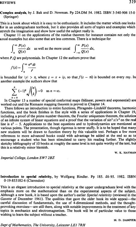 Complex Analysis By J Bak And D Newman Pp 224 Dm 54 1982 Isbn 3