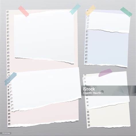 흰색과 화려한 찢어진 노트북 용지세트 찢어진 노트 종이 스트립은 줄 지어 있는 배경에 끈적 끈적한 테이프로 붙어 있습니다 벡터 일러스트레이션 0명에 대한 스톡 벡터 아트 및