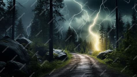 Premium Ai Image Lightning Over A Forest Trail Background