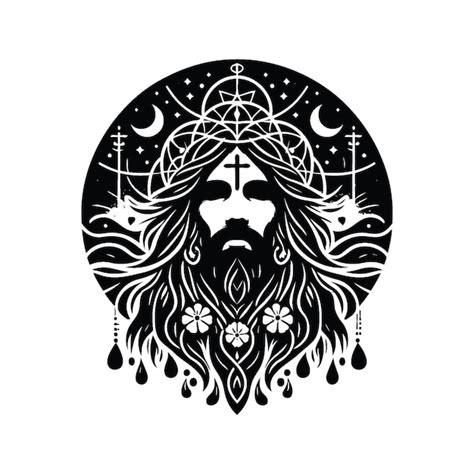 Jesus In Silhouete With Bohemian Nature Pattern Illustration Premium