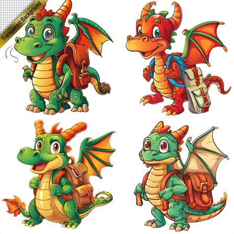 Cartoon Dragons With Backpacks Four Unique Characters Premium Ai