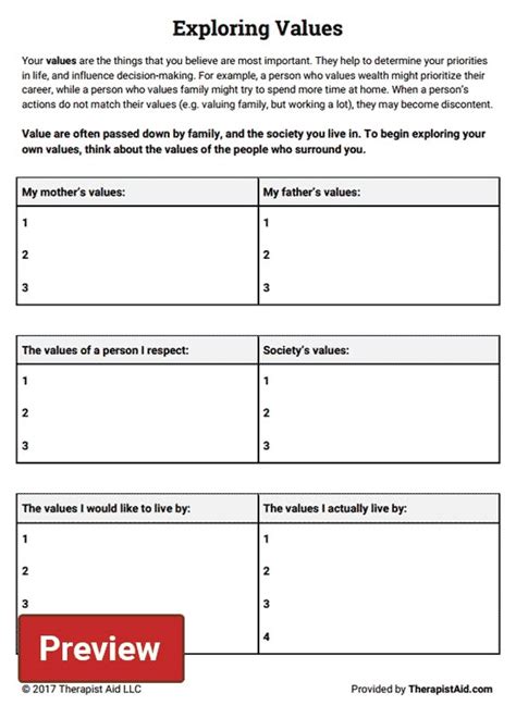 Exploring Values Worksheet Therapist Aid Relationship Worksheets