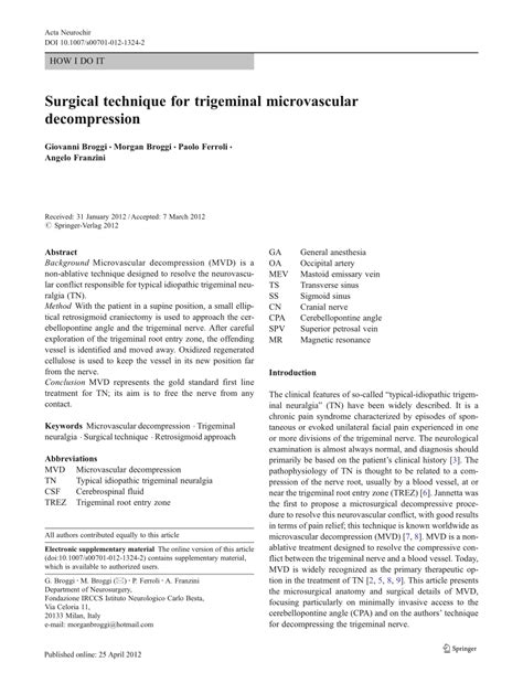 Pdf Surgical Technique For Trigeminal Microvascular Decompression