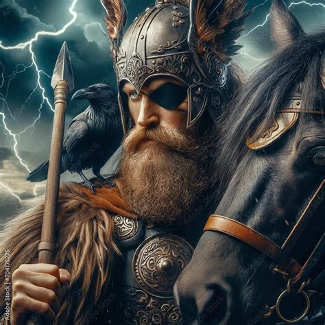 The Great Nordic One Eyed God Odin With His Ravens Huginnandmuninn